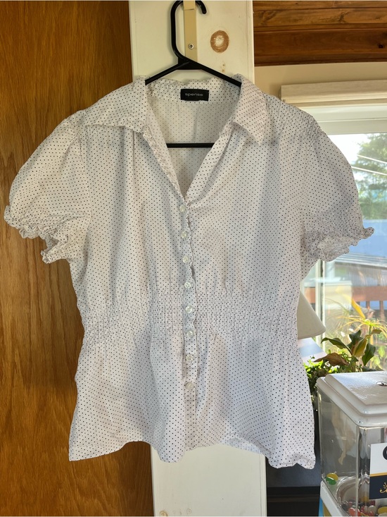 Spense | Tops | Spense White Blouse With Black Polka Dots | Poshmark